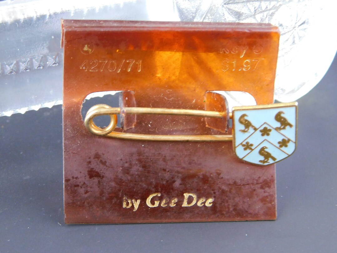 NOS French Blue Heraldic Shield Pin Brooch 3 Birds 3 Flowers 1-1/2 ...