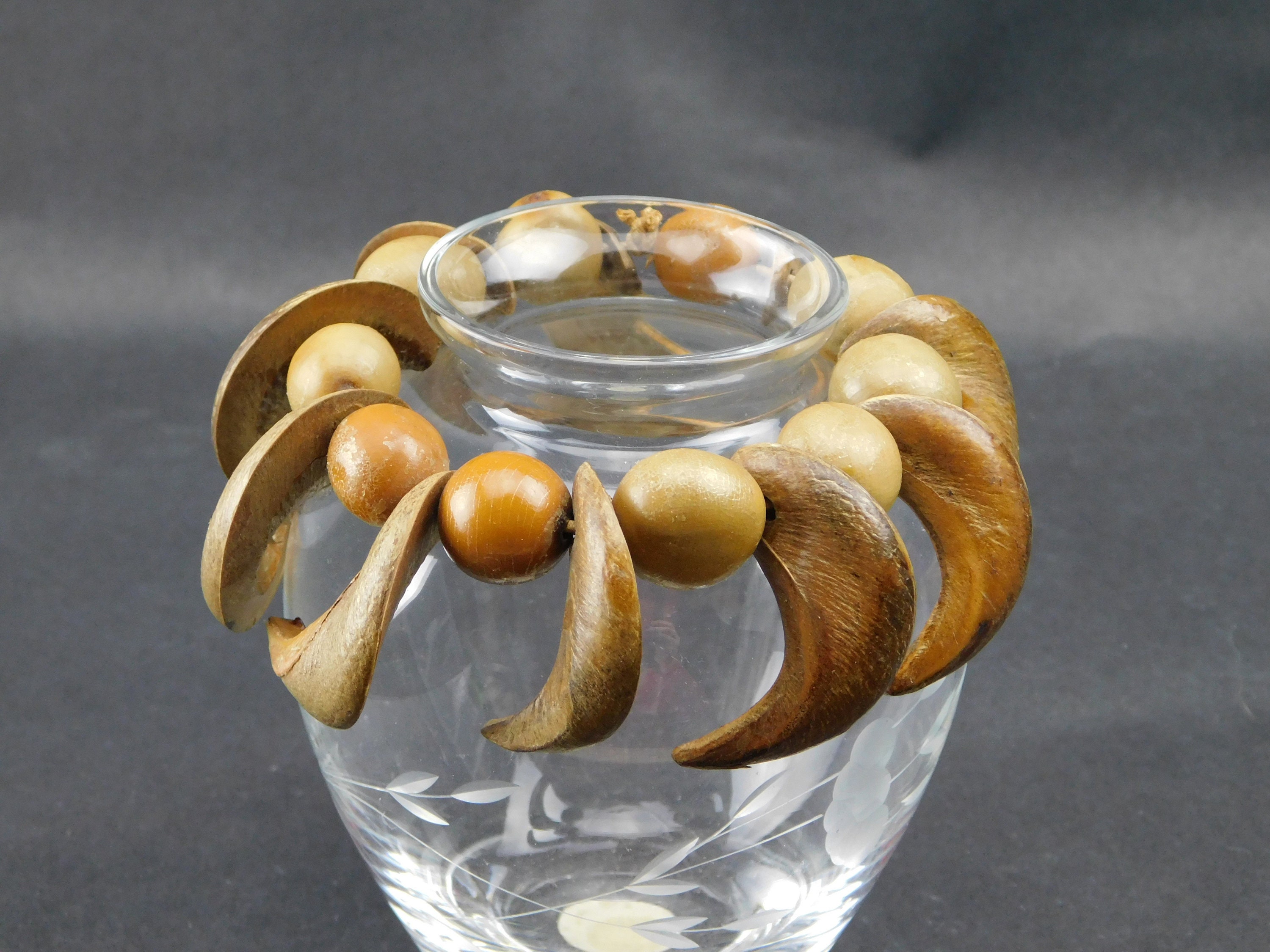 Wooden Stretch Bracelet Tribal Carved Nut Shell Bead Brown | Etsy