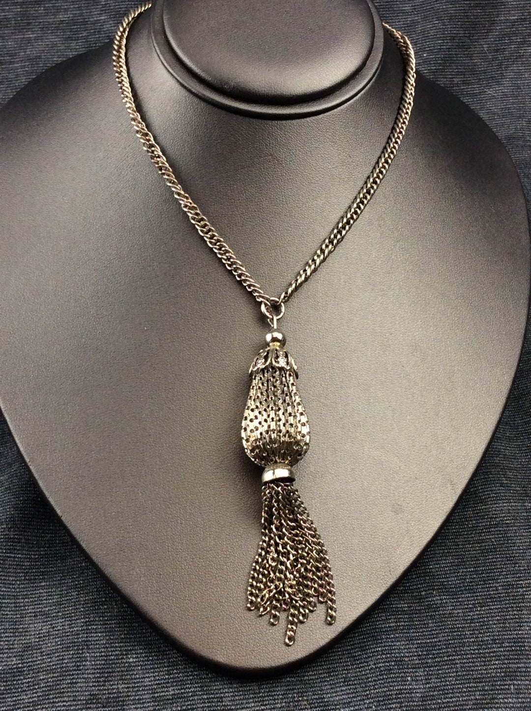 1970s Silver Tone Chain Necklace With Chunky Tassel Pendant 26 Long