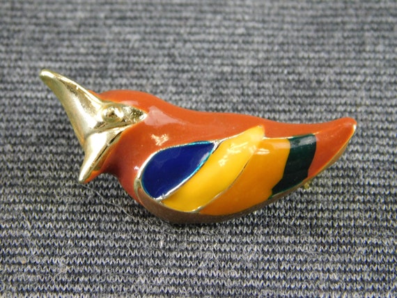 Cardinal Woodpecker Enameled Bird Pin Brooch Gold Ton… - Gem
