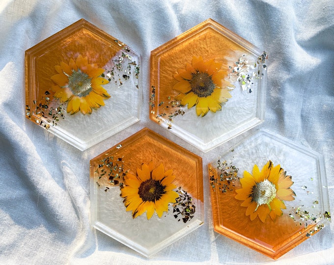 Flower Coasters - Sunflower Resin Coasters - Set of 4 Coasters - Gifts ...
