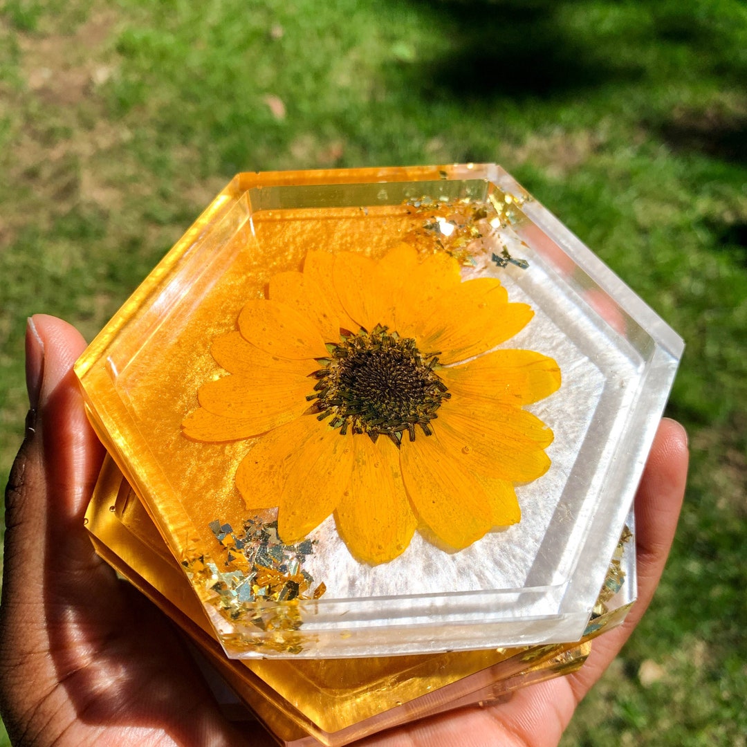 Real Sunflower Yellow Coasters, Mother's Day Gift, Set of 2 Resin ...