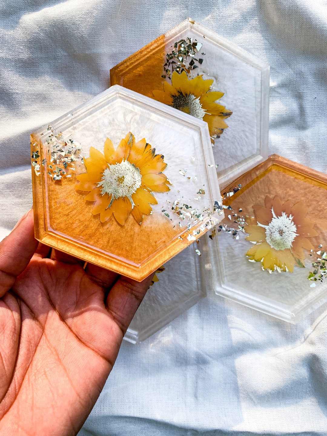 Sunflower Yellow Coasters - Set of 2 Resin Coasters - Gifts for the ...