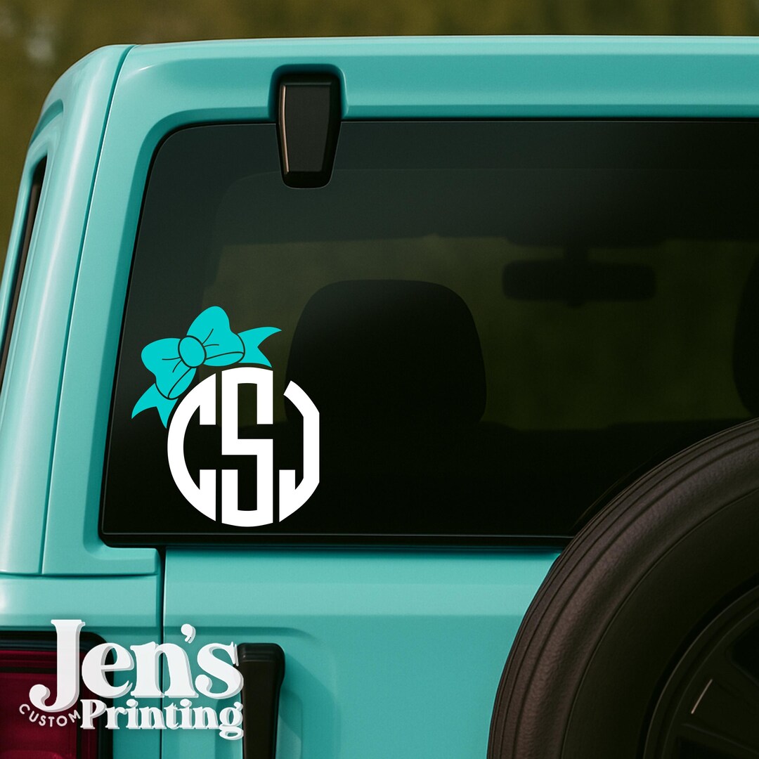 Circle Monogram Car Window Decal With Bow | Initials Car Window Decal ...