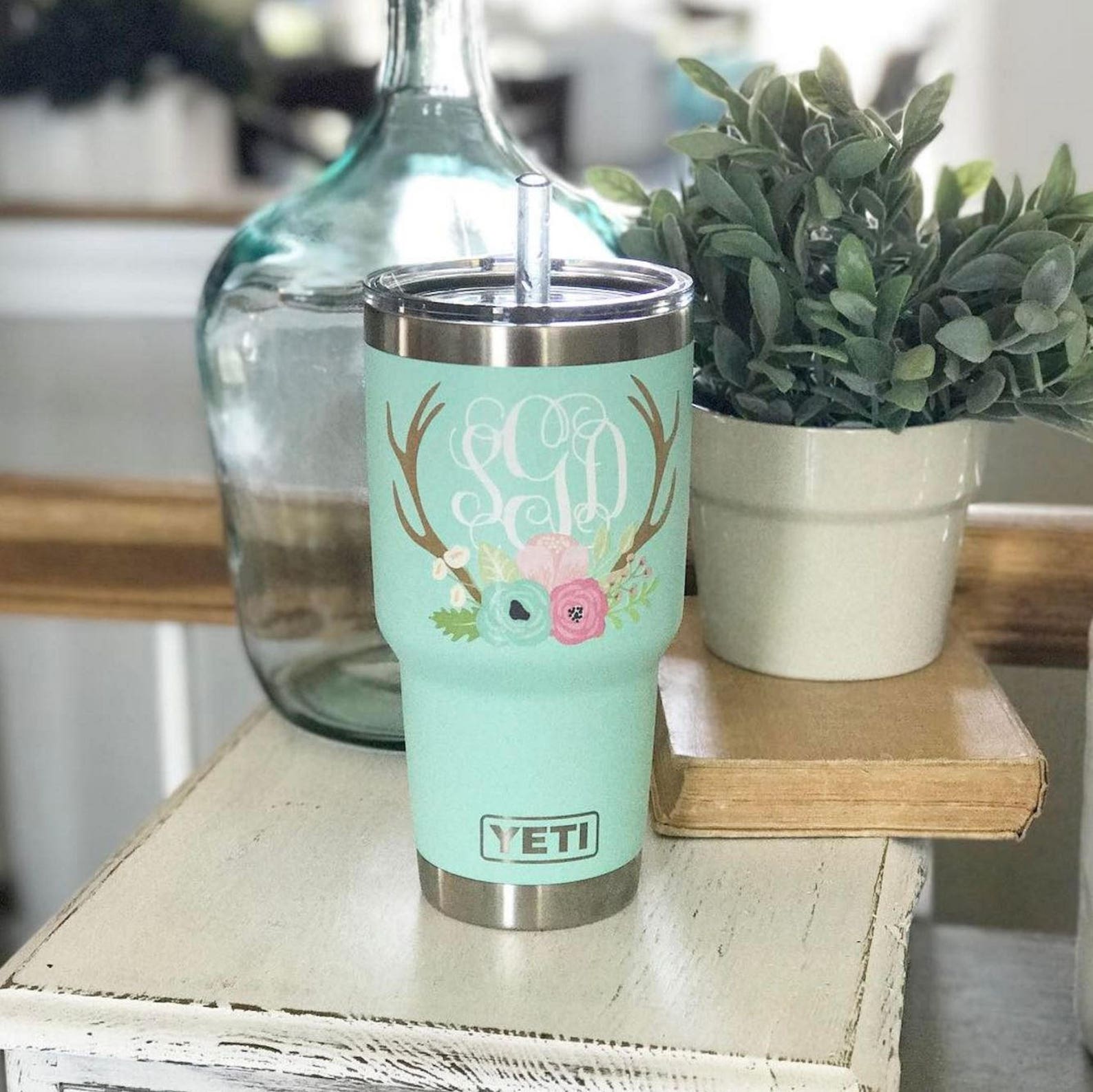 Flowers and Antlers Yeti Cup Initials Yeti Sticker Floral Antler Yeti ...