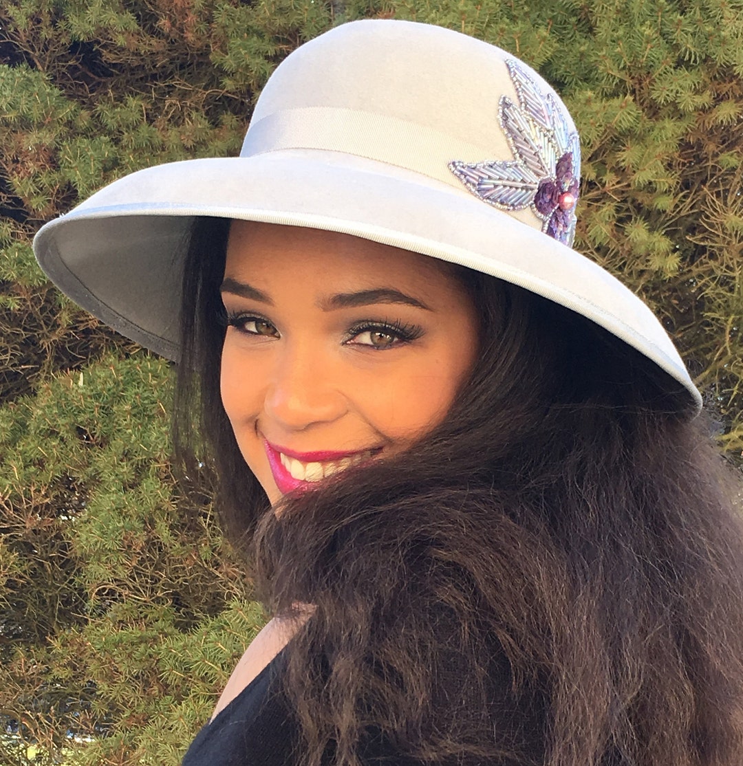 Wide Wavy Brimmed Hat, Grey Velour Hat With Beaded Appliqué in Purples ...