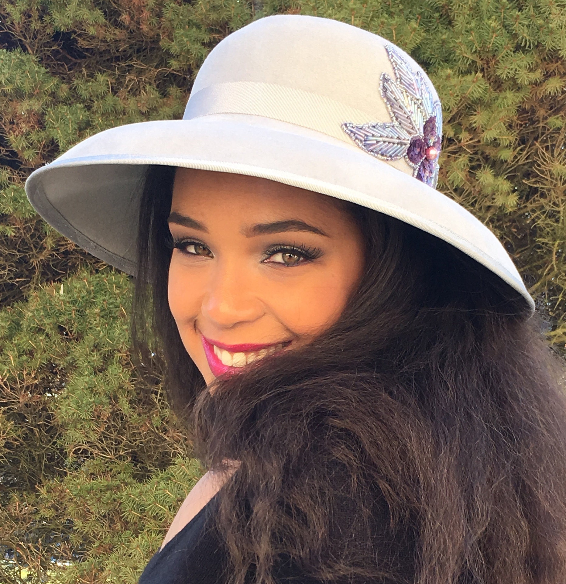 Wide Wavy Brimmed Hat, Grey Velour Hat With Beaded Appliqué in Purples ...