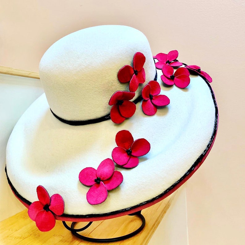 White Wide Brim Velour Hat-hand Made Pink Leather Flowers-wedding-polo ...