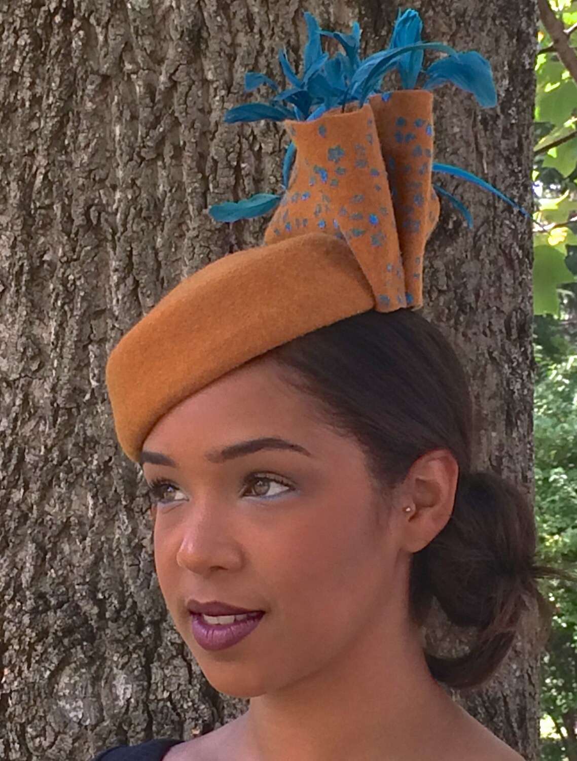 Rich Golden Amber Colored Wool Pill Box Hat-turquoise Hand Painted ...