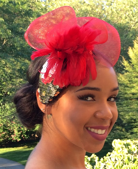 RED Christmas Fascinator Christmas Headpiece New Years Eve Party Hat Gold Sequins Headpiece. Red Feathers Cocktail Evening Fascinator Etsy