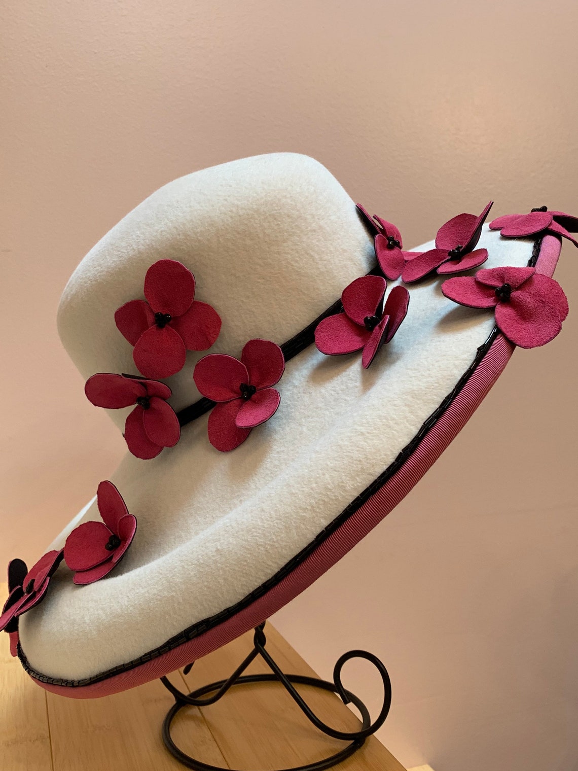 White Wide Brim Velour Hat-hand Made Pink Leather Flowers-wedding-polo ...