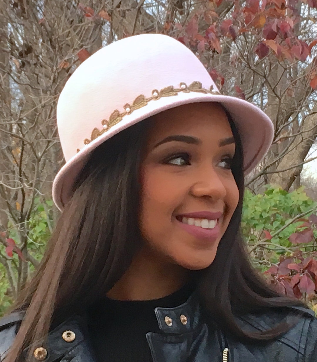 Soft Pink Velour Wool Felt Hat -small Brim-vintage Bronze Metallic Leaf ...