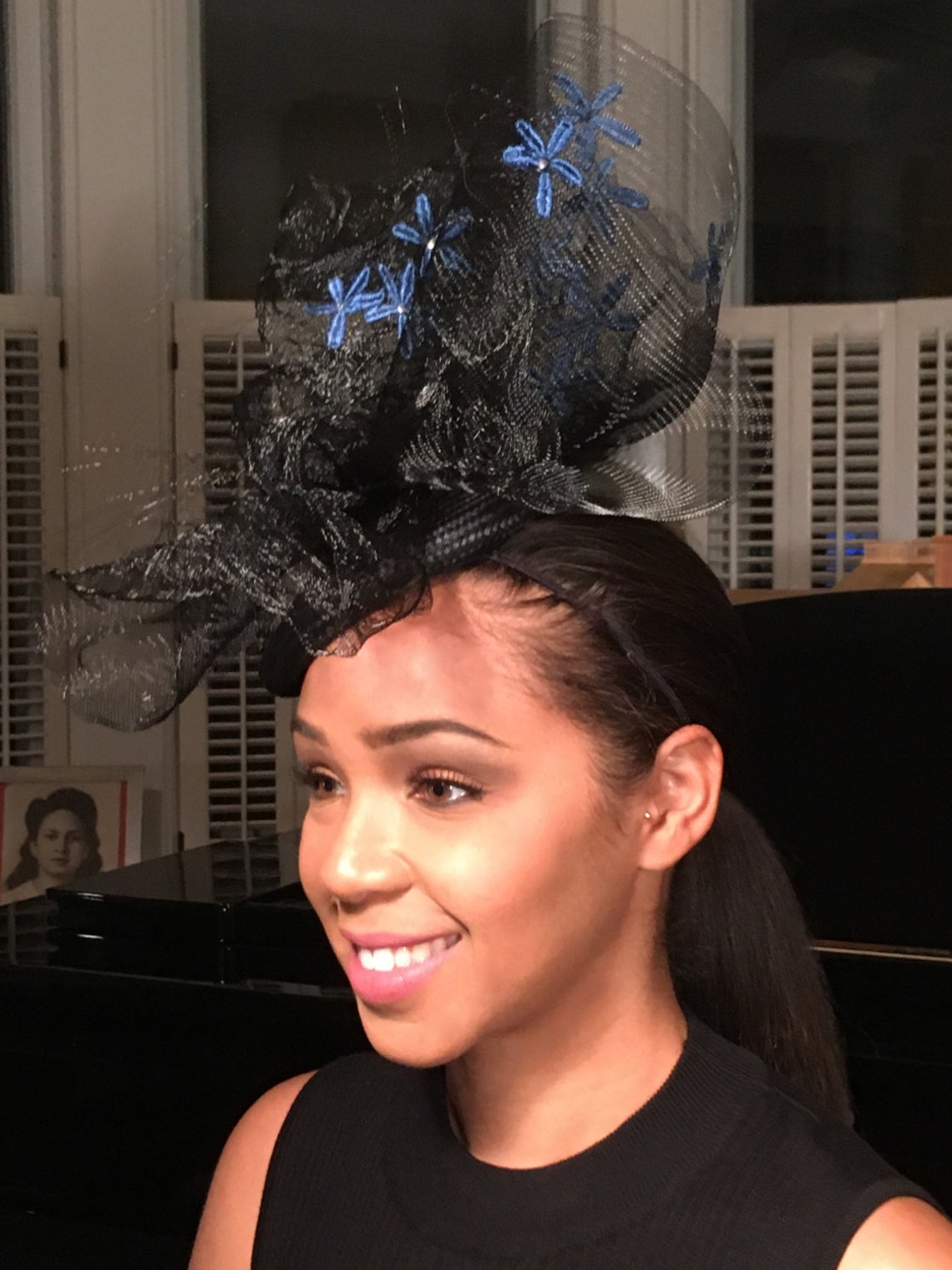 Black Straw Fascinator With Black Crinoline and Royal Blue - Etsy
