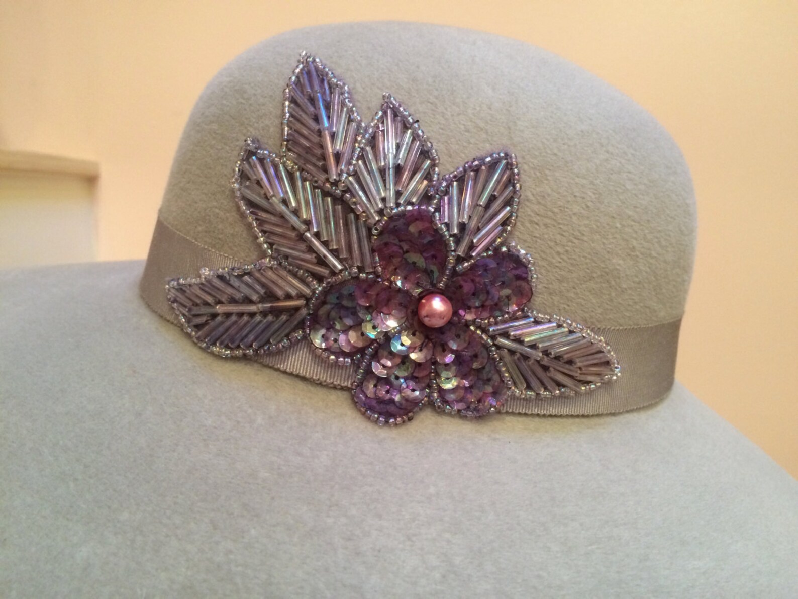 Wide Wavy Brimmed Hat, Grey Velour Hat With Beaded Appliqué in Purples ...