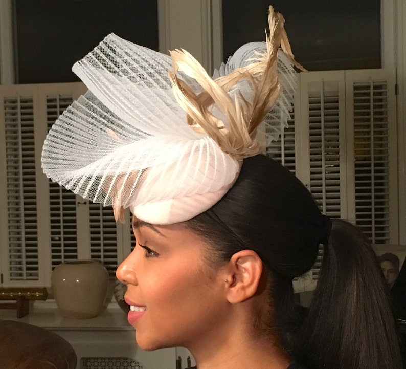 Fancy Beige and White Fascinator- White Pleated Crinoline-tan Feathers ...