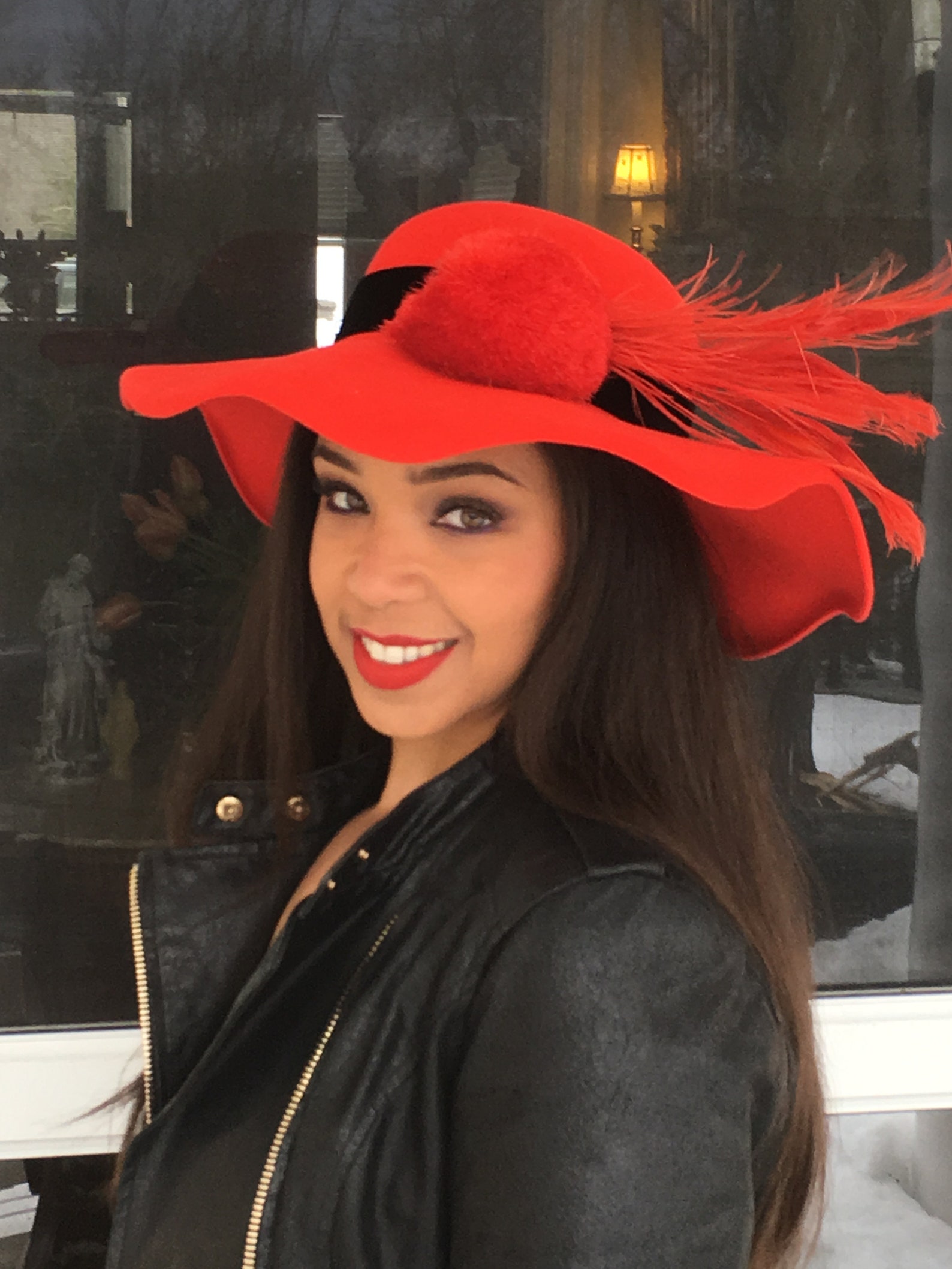 Red Velour Felt Wavy Wide Brim Dress Hat! Red Peacock Feathers-large ...
