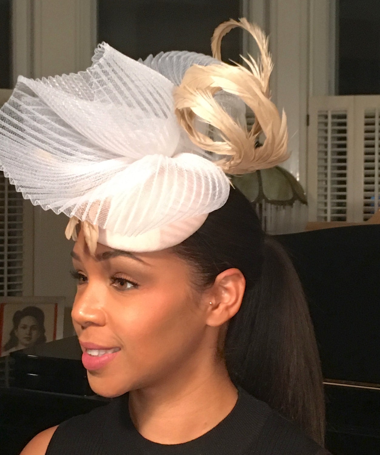 Fancy Beige and White Fascinator- White Pleated Crinoline-tan Feathers ...