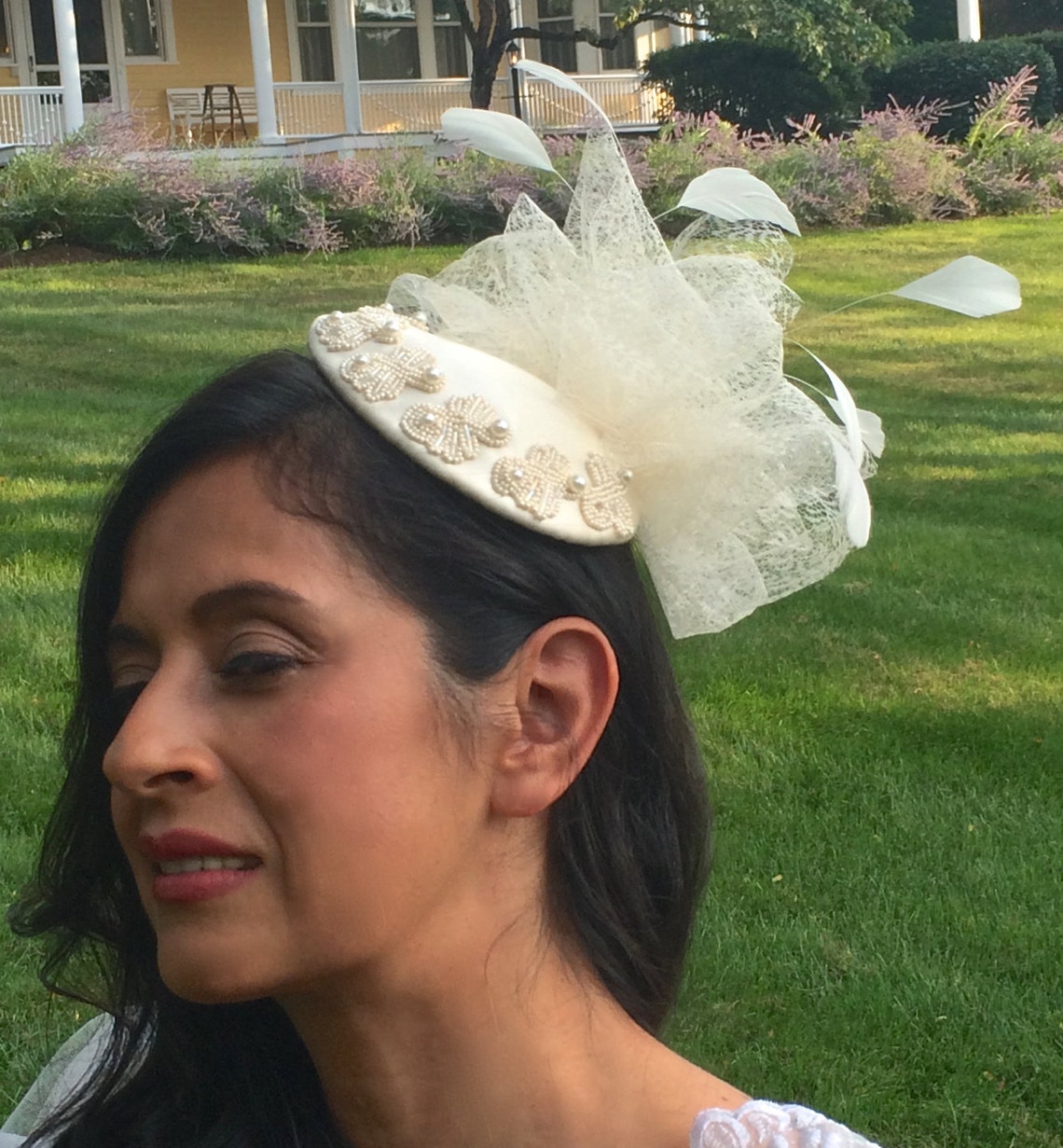 Ivory Satin Fascinator With Beaded Pearls, Wedding Headpiece, Bridal ...