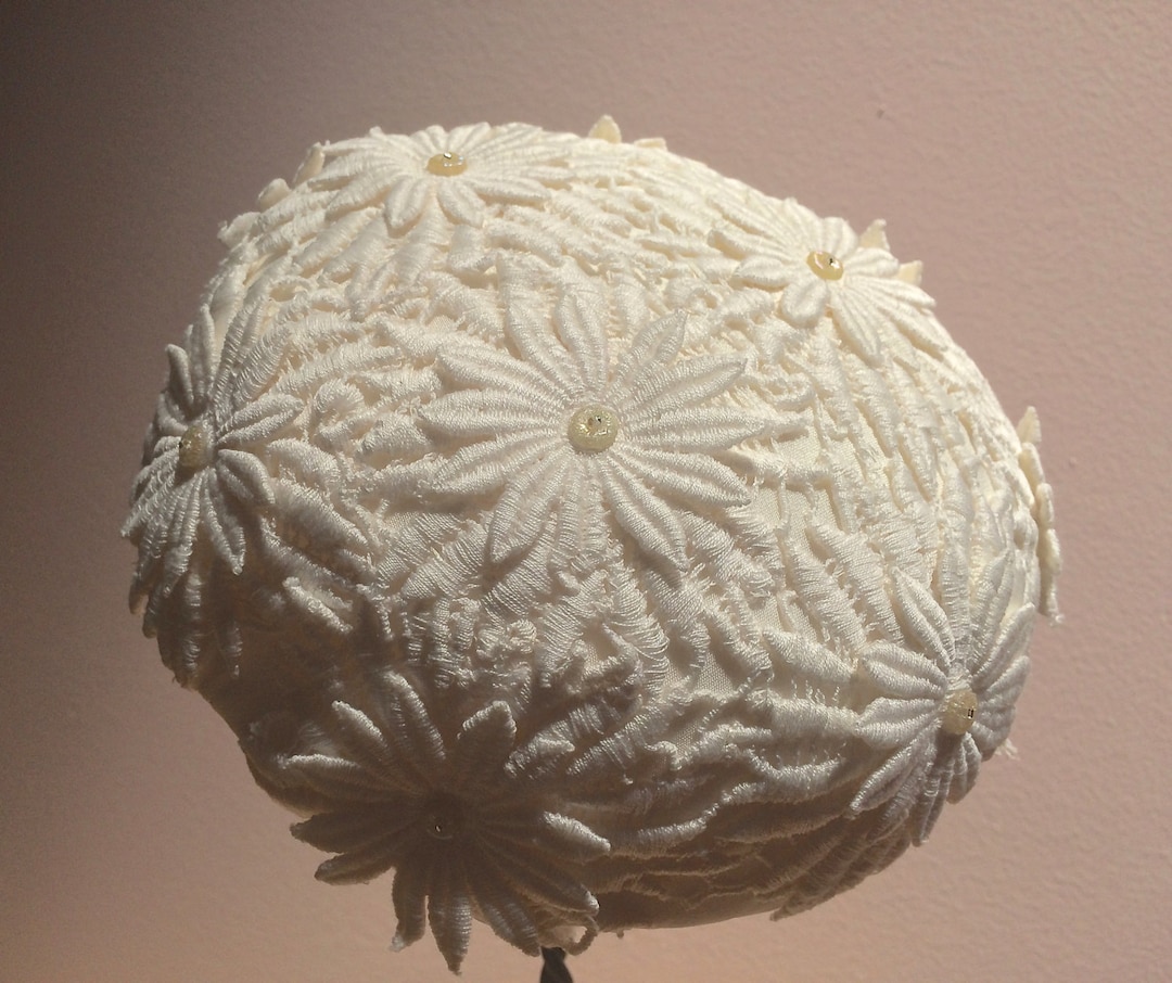 Ivory Cotton Embroidered Lace Pill Box-bridal Hat With Cellulose Bead ...