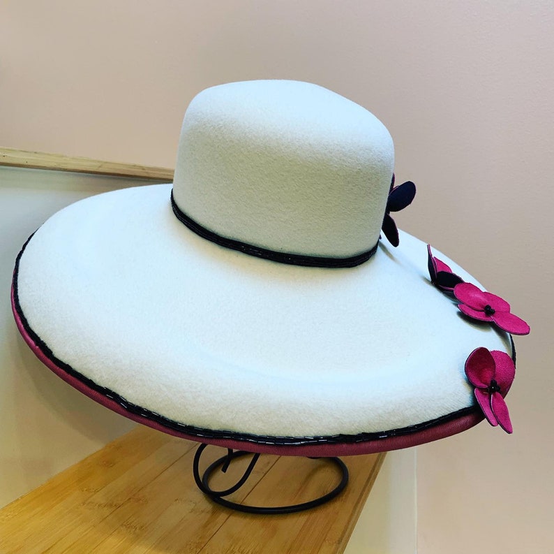 White Wide Brim Velour Hat-hand Made Pink Leather Flowers-wedding-polo ...