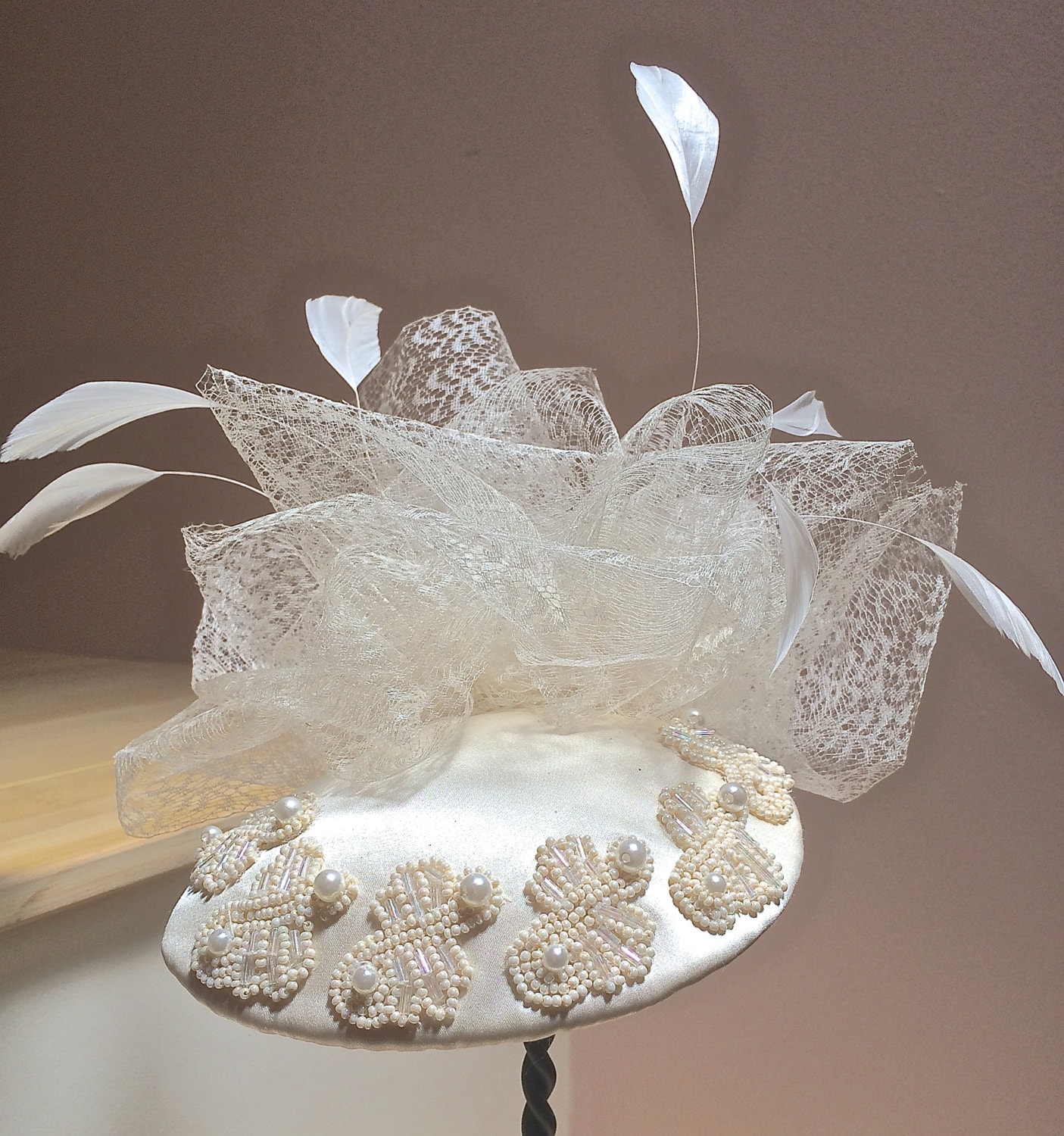 Ivory Satin Fascinator With Beaded Pearls, Wedding Headpiece, Bridal ...