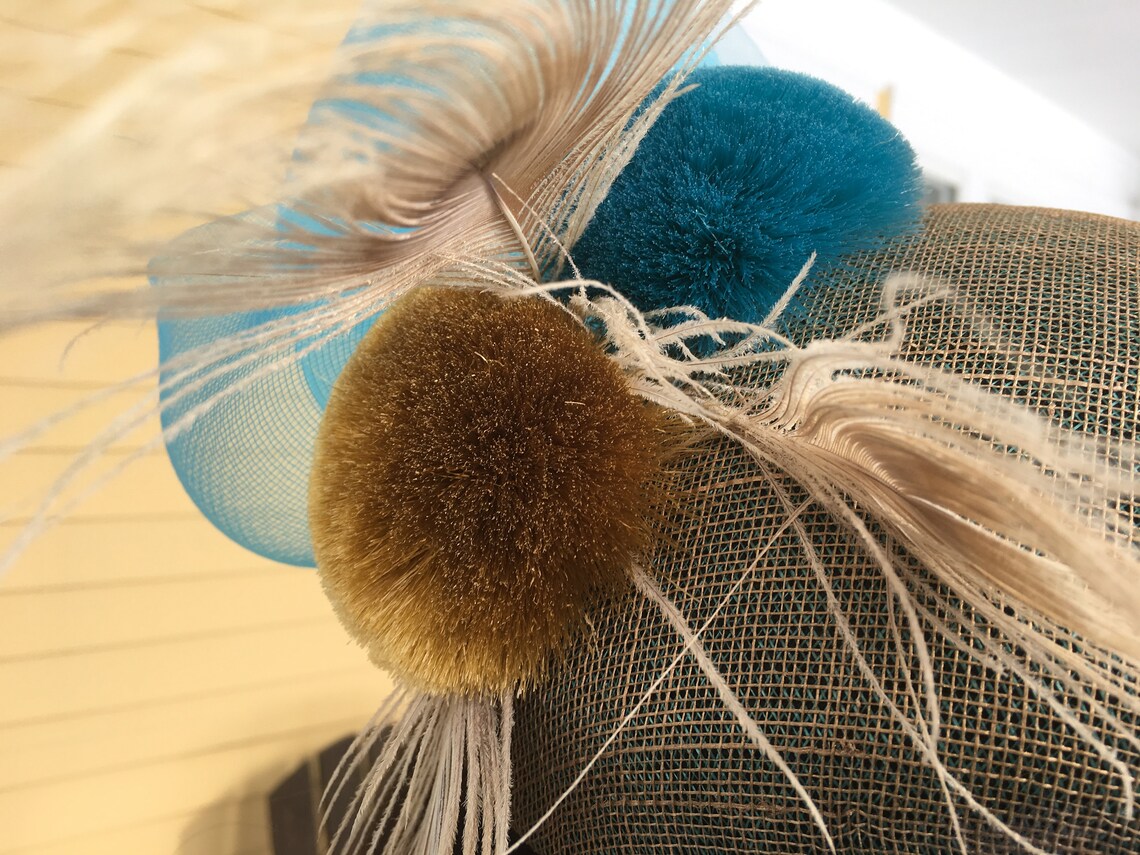 Taupe and Turquoise Sinamay Pill Box Hat-silk Pom Poms-peacock - Etsy