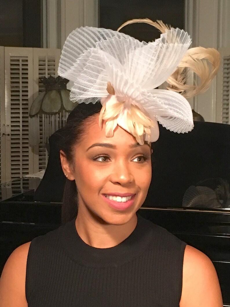 Fancy Beige and White Fascinator- White Pleated Crinoline-tan Feathers ...