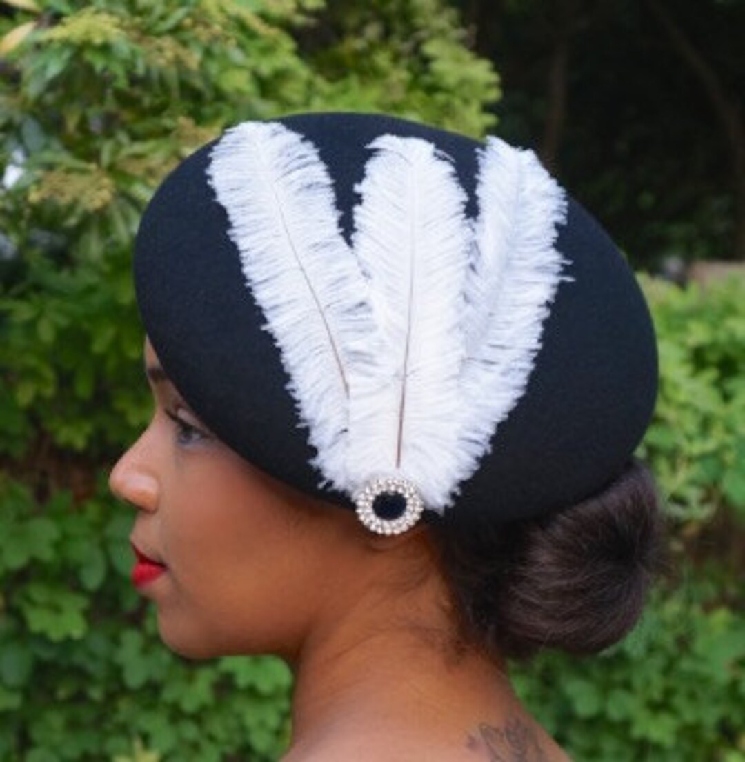 Black Wool Beret With Trimmed White Ostrich Feathers and Rhinestone ...