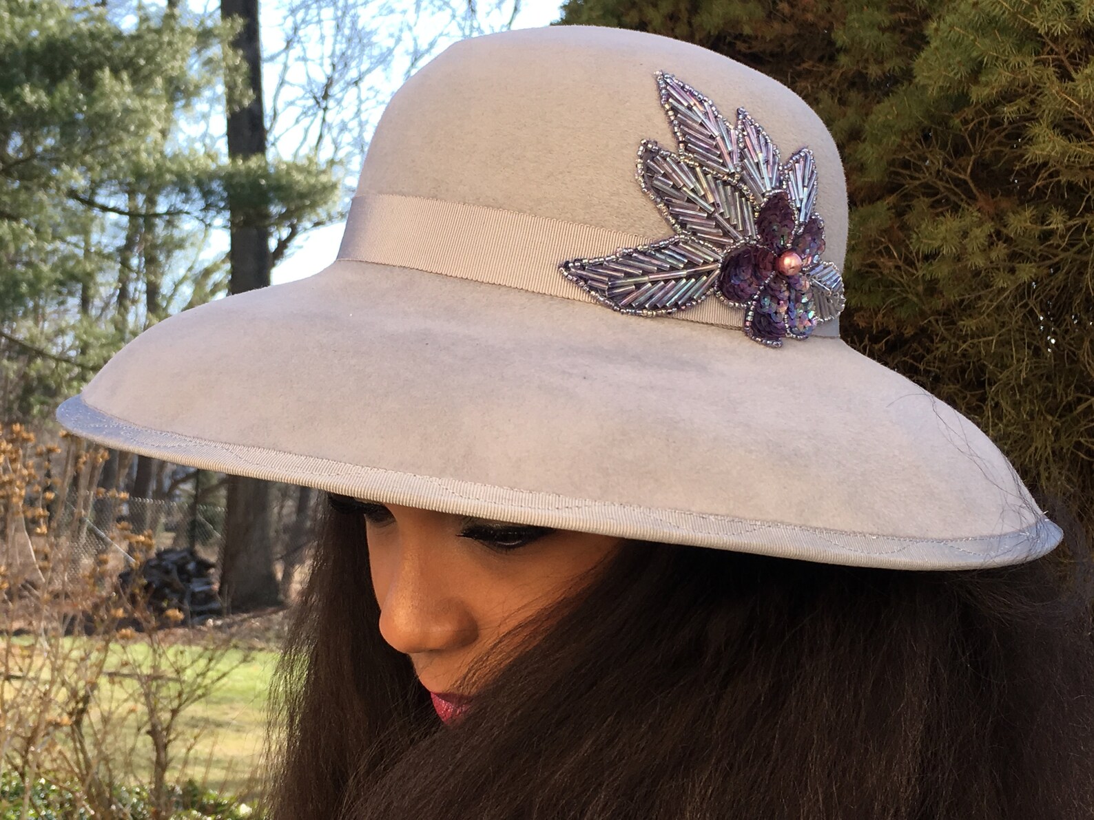 Wide Wavy Brimmed Hat, Grey Velour Hat With Beaded Appliqué in Purples ...