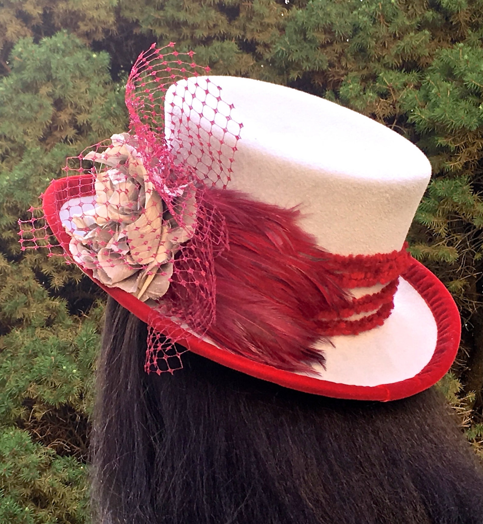 Grey Felt Top Hat With Wine Colored Trim and Vintage Grey Flower-wine ...