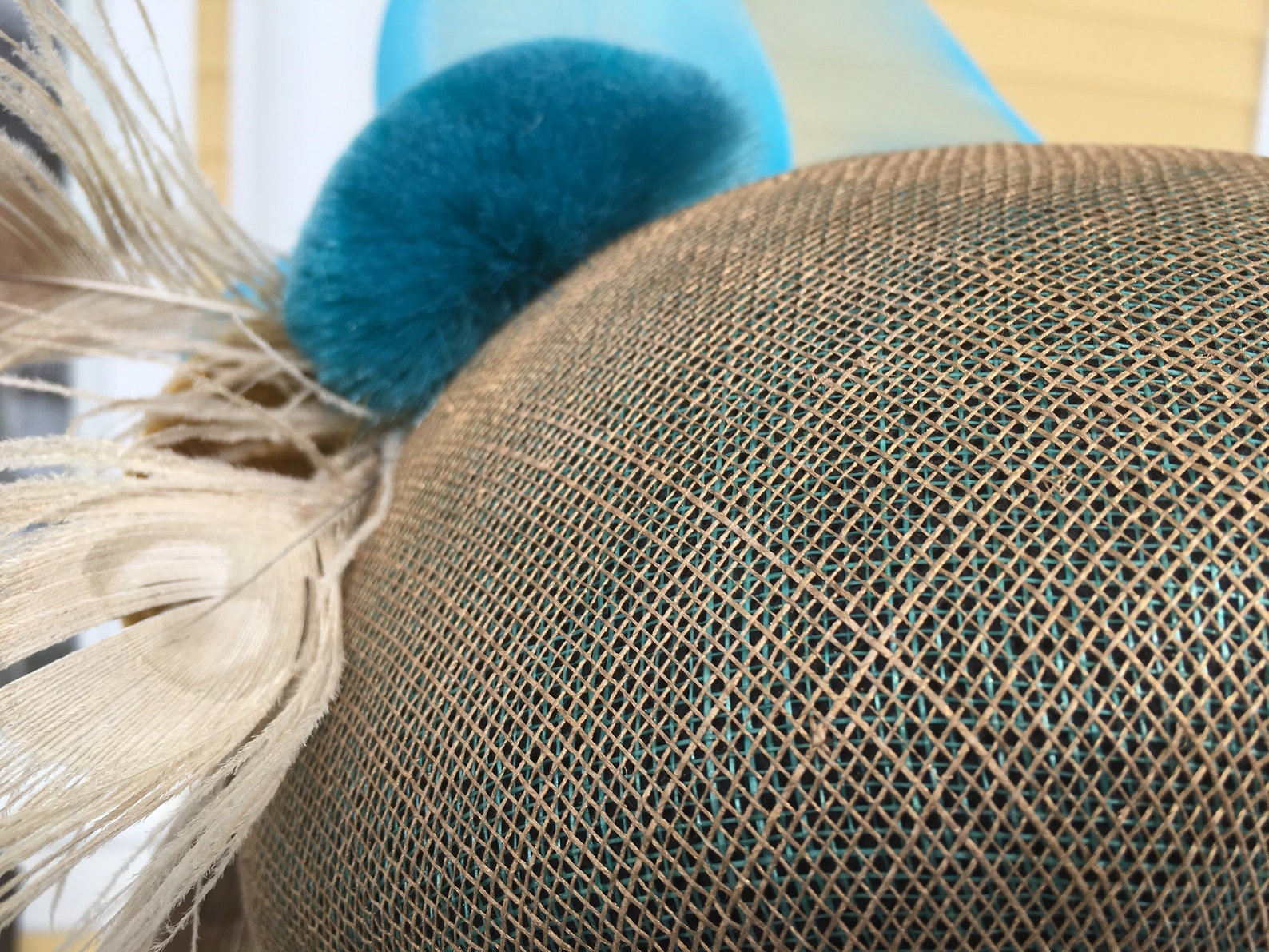 Taupe and Turquoise Sinamay Pill Box Hat-silk Pom Poms-peacock Feathers ...
