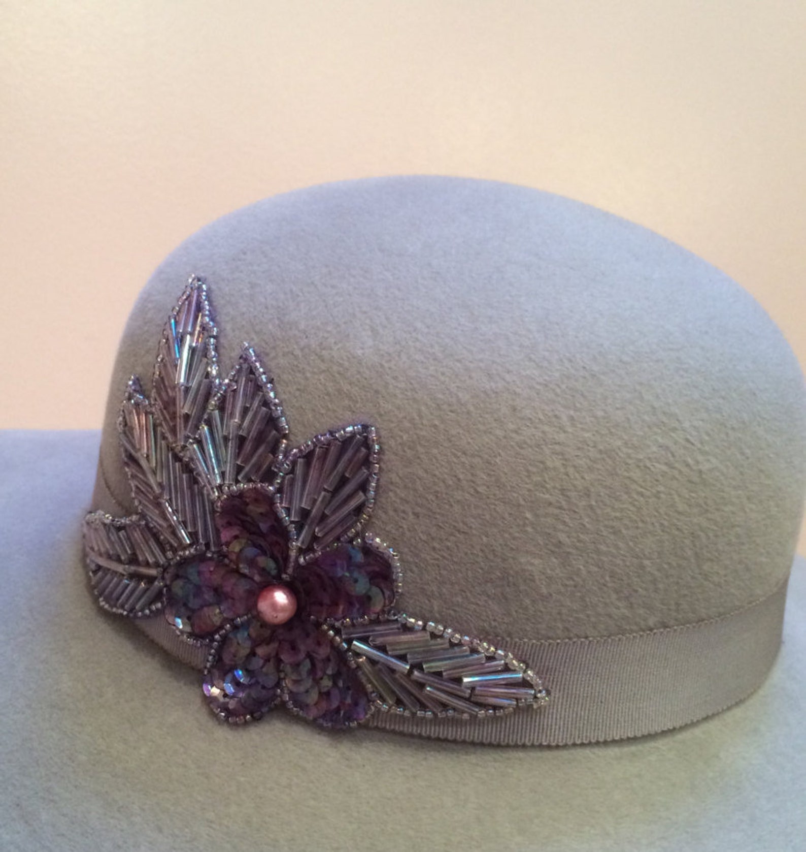 Wide Wavy Brimmed Hat, Grey Velour Hat With Beaded Appliqué in Purples ...
