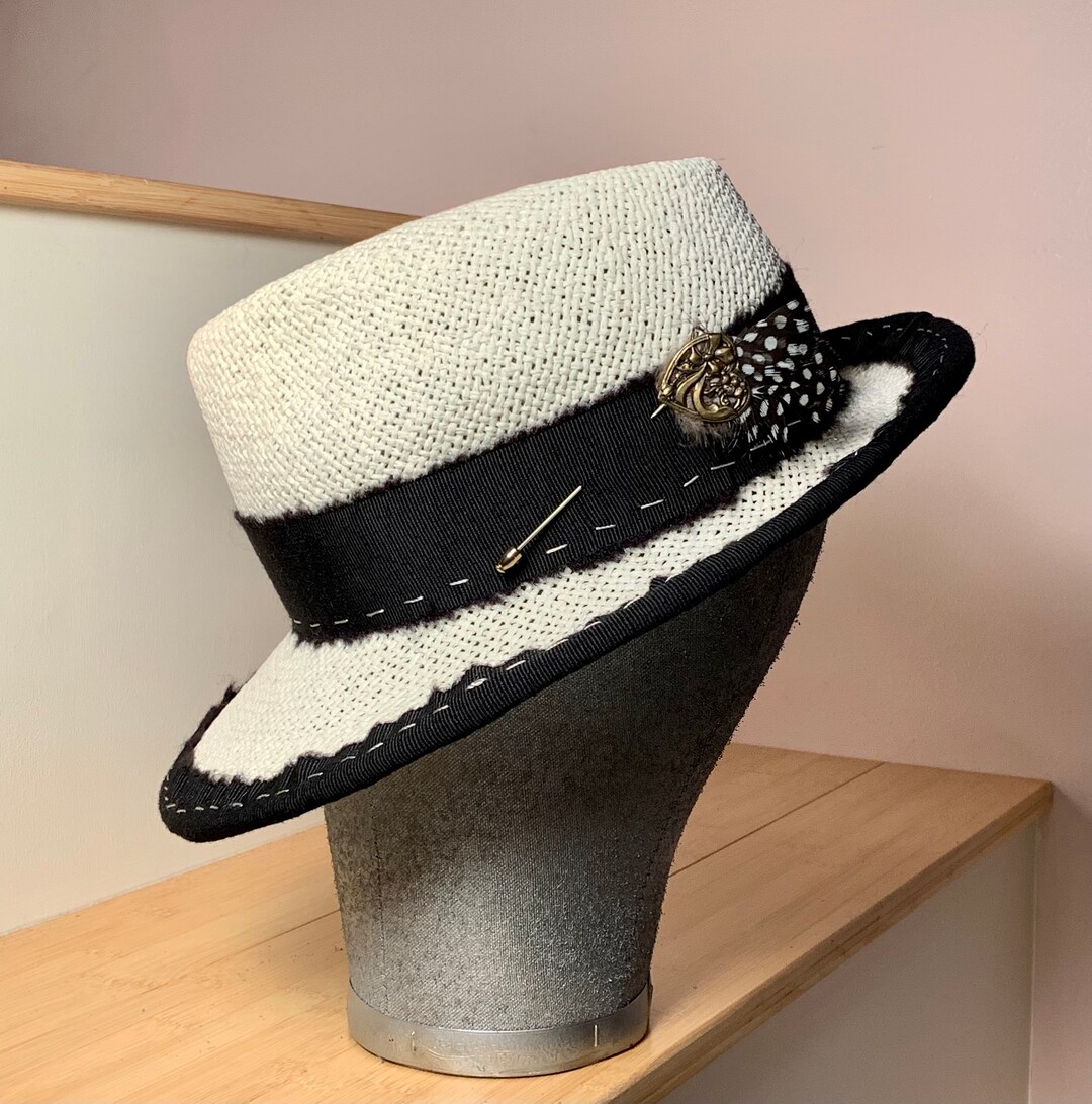 Black and White Fedora With Pin and Guinea Feathers! - Etsy