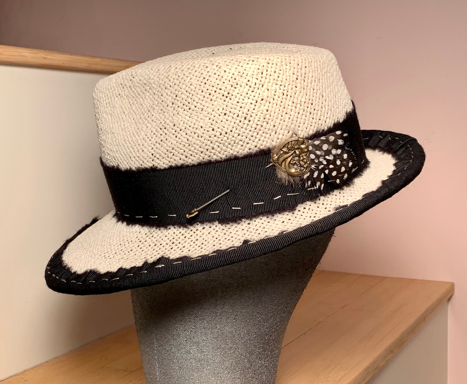 Black and White Fedora With Pin and Guinea Feathers! - Etsy