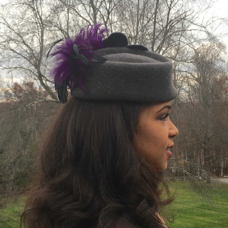 Cadet/hostess, Grey Wool Hat With Purple Feather Plume- Stylized Floral ...