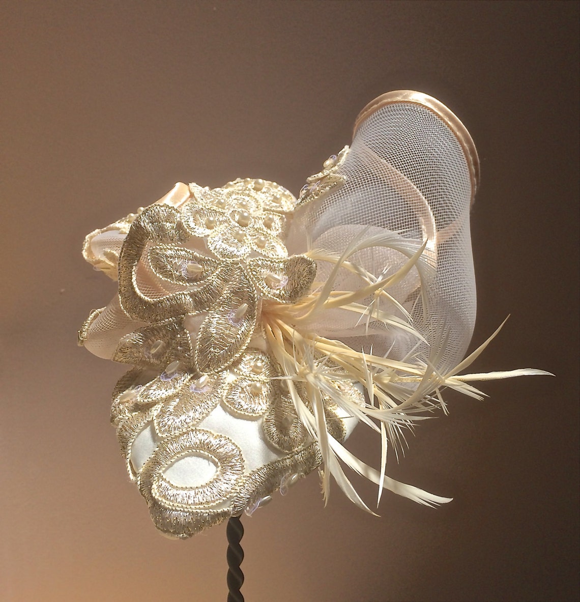 Ivory Embroidered Lace Fascinator With Gold Metallic Threads and Pearls ...