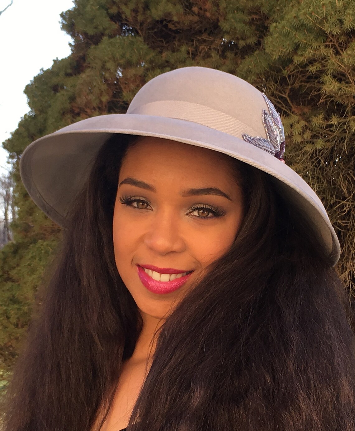 Wide Wavy Brimmed Hat, Grey Velour Hat With Beaded Appliqué in Purples ...