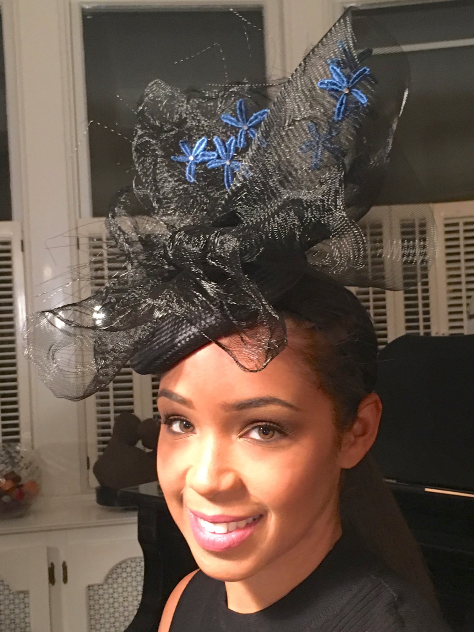 Black Straw Fascinator With Black Crinoline and Royal Blue - Etsy