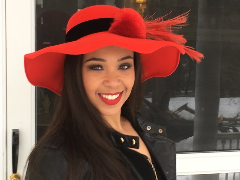 Red Velour Felt Wavy Wide Brim Dress Hat! Red Peacock Feathers-large ...