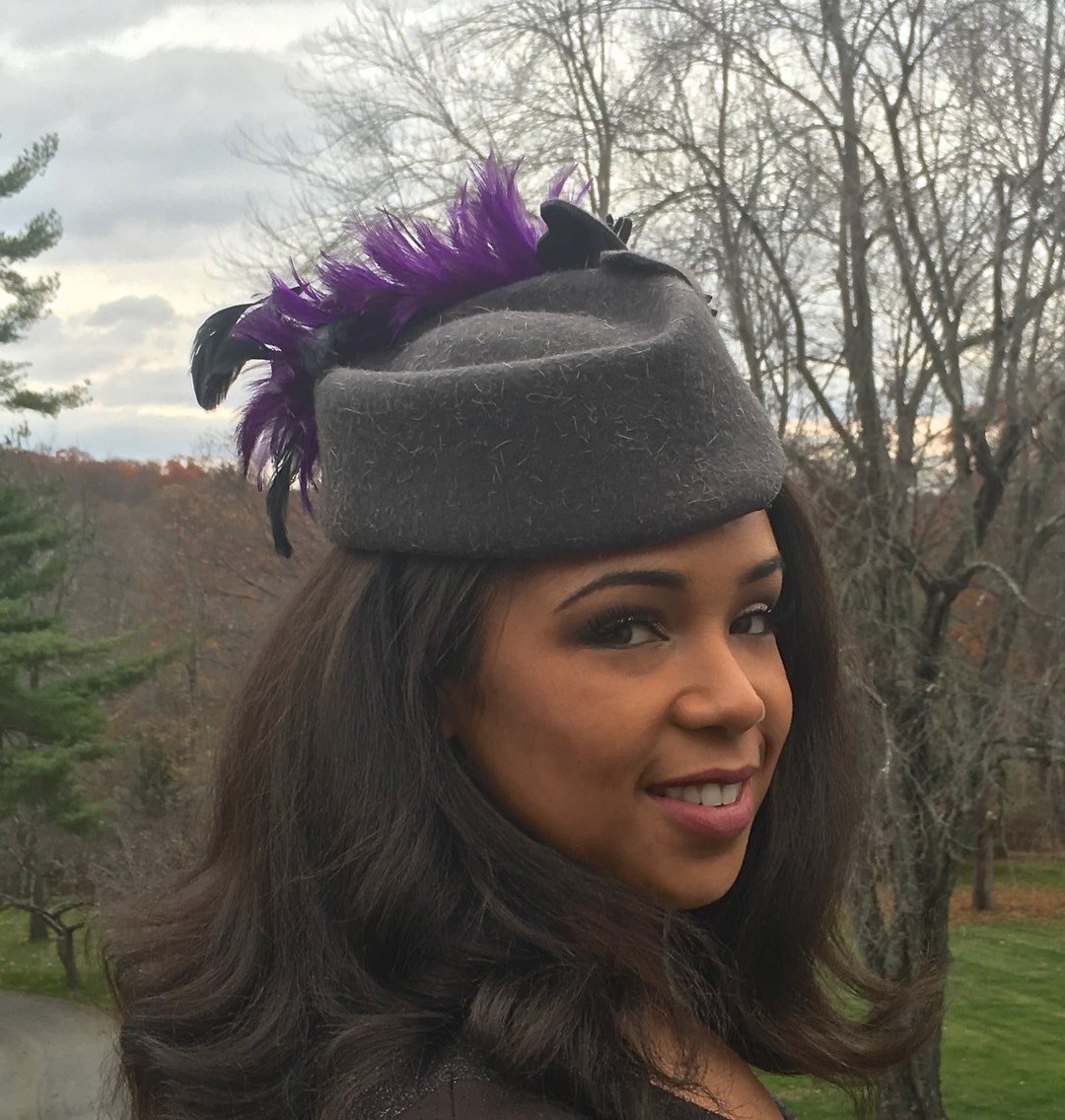 Cadet/hostess, Grey Wool Hat With Purple Feather Plume- Stylized Floral ...