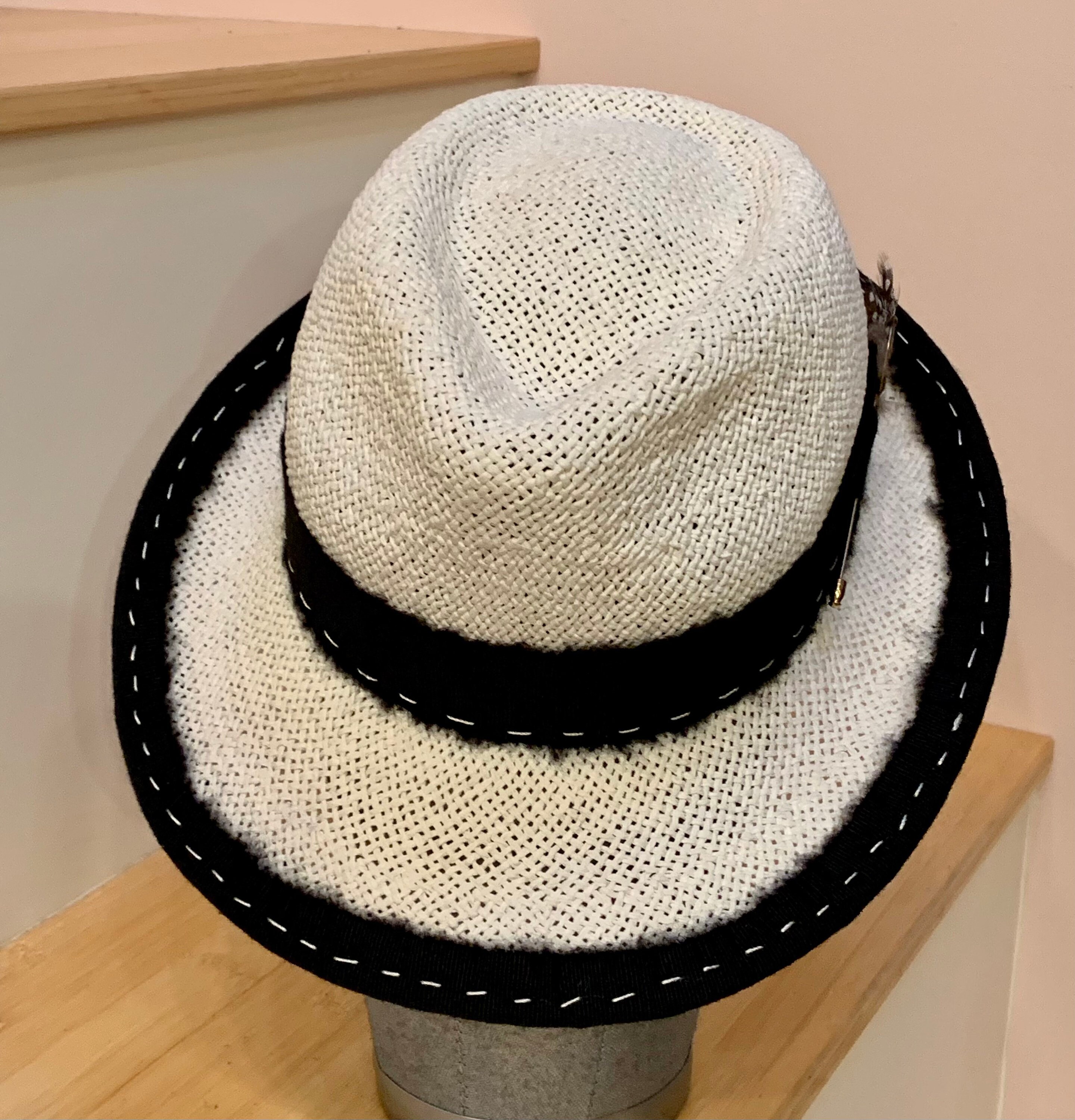 Black and white Fedora with Pin and guinea feathers | Etsy