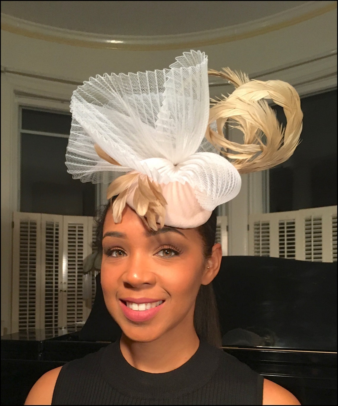 Fancy Beige and White Fascinator- White Pleated Crinoline-tan Feathers ...