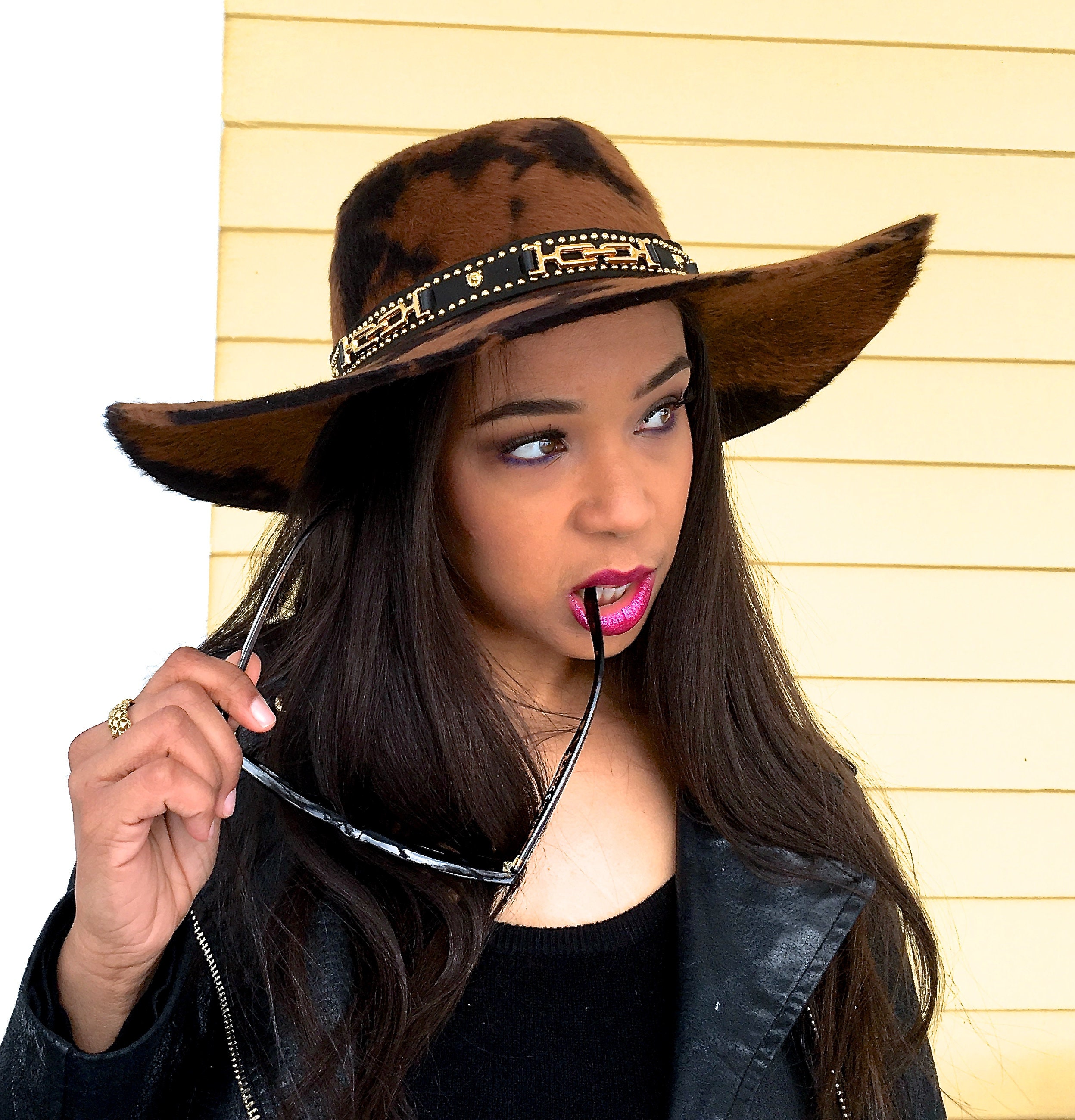 Long Hair Fur Felt Wool Animal Print Western Hat-brown and Black ...