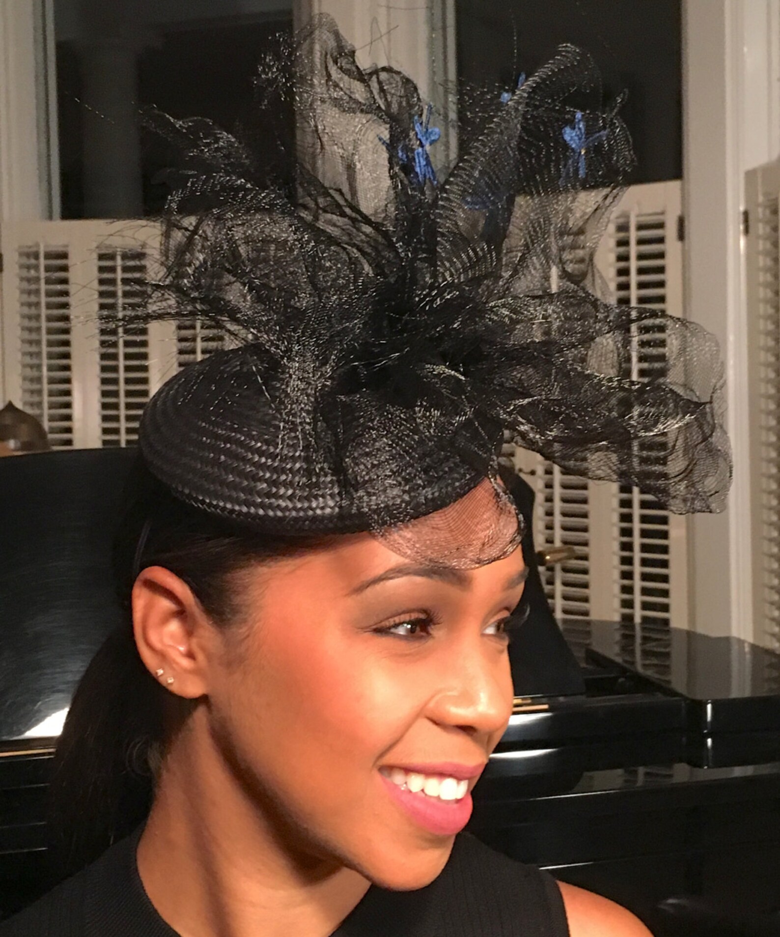 Black Straw Fascinator With Black Crinoline and Royal Blue - Etsy