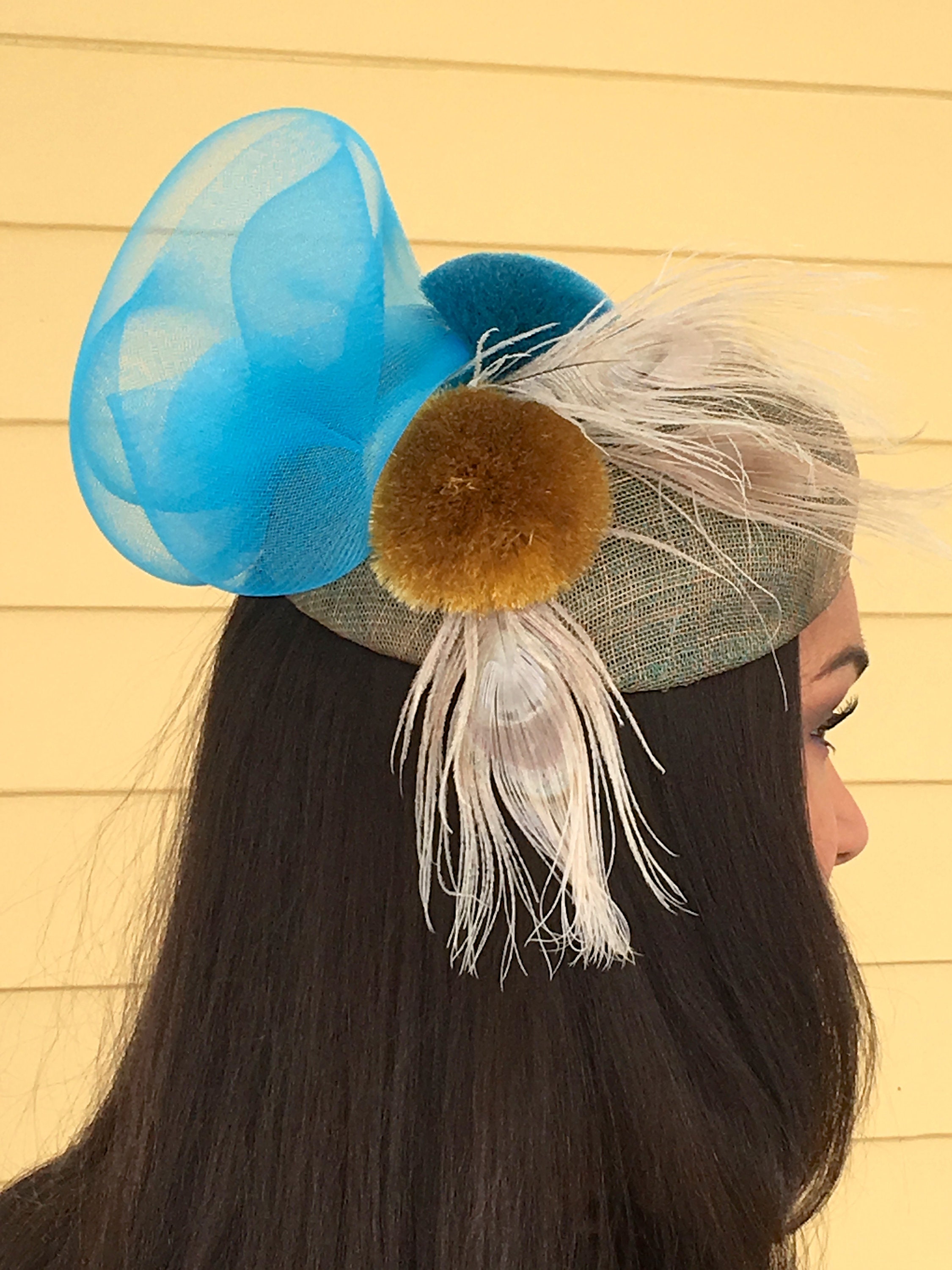 Taupe and Turquoise Sinamay Pill Box Hat-silk Pom Poms-peacock - Etsy