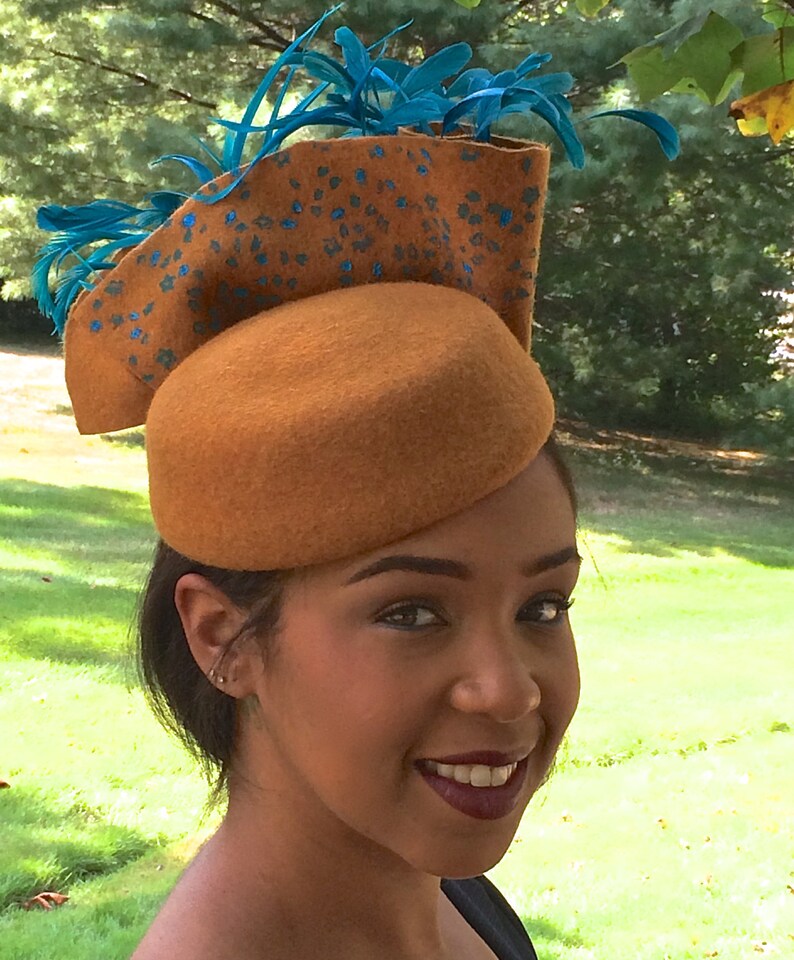 Rich Golden Amber Colored Wool Pill Box Hat-turquoise Hand Painted ...