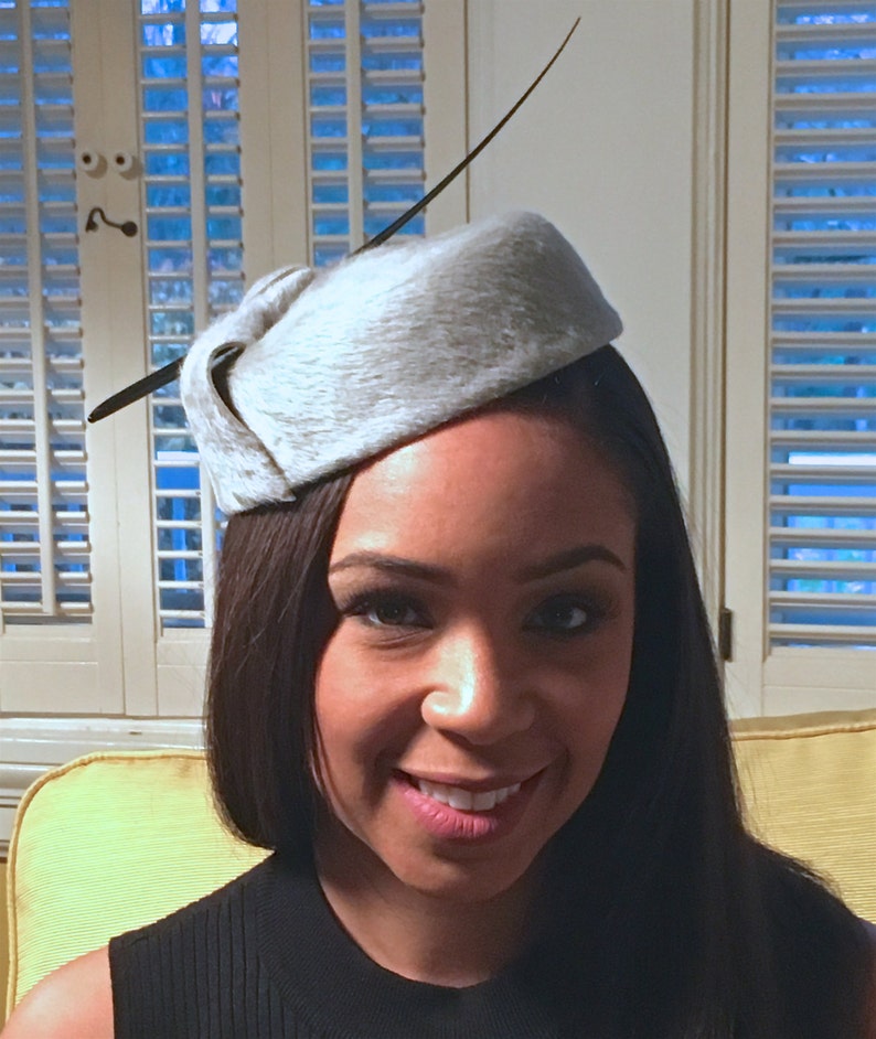 Grey Long Hair Fur Felt Pill Box Hat With Black Quill Spine- Winter ...