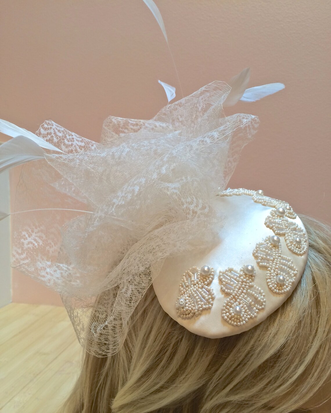 Ivory Satin Fascinator With Beaded Pearls, Wedding Headpiece, Bridal ...