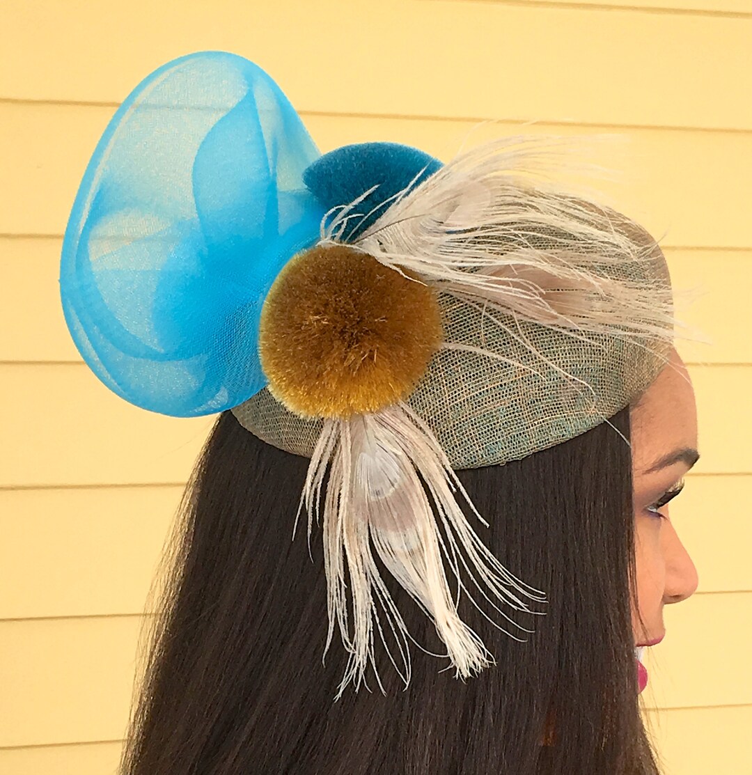 Taupe and Turquoise Sinamay Pill Box Hat-silk Pom Poms-peacock Feathers ...