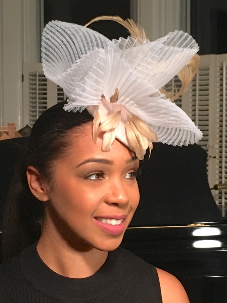 Fancy Beige and White Fascinator- White Pleated Crinoline-tan Feathers ...